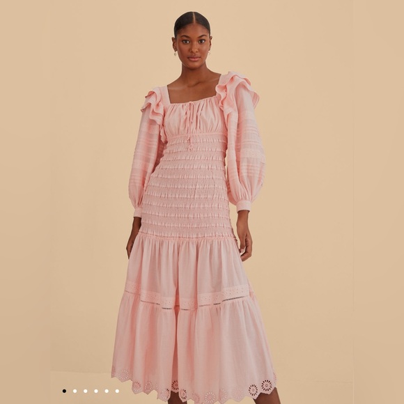 FARM Rio | Dresses | Farm Rio Light Pink Long Sleeve Smocked Midi Dress ...